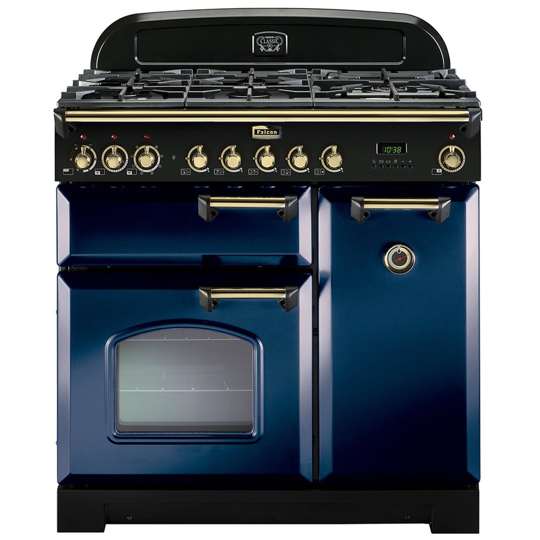 Falcon Classic Deluxe 90cm Dual Fuel Upright Cooker Royal Blue/Brass ...