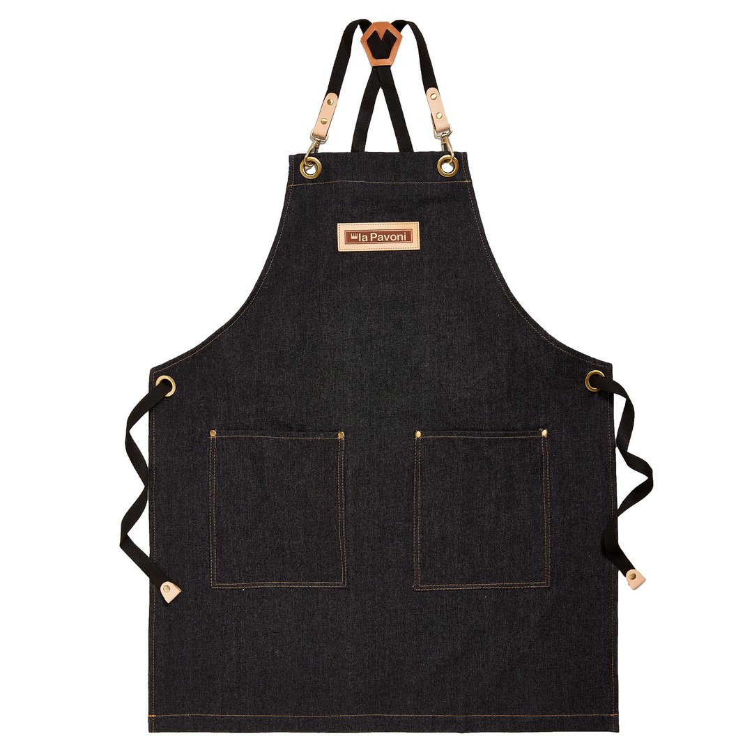 La Pavoni Black denim apron with leather embossed logo LPAPRON ...