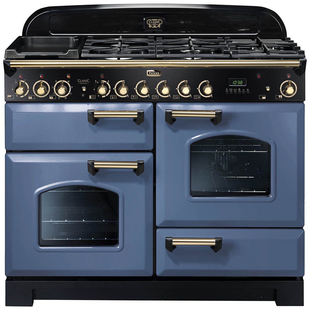 Falcon Classic Deluxe 110cm Dual Fuel Upright Cooker Stone Blue/Brass ...