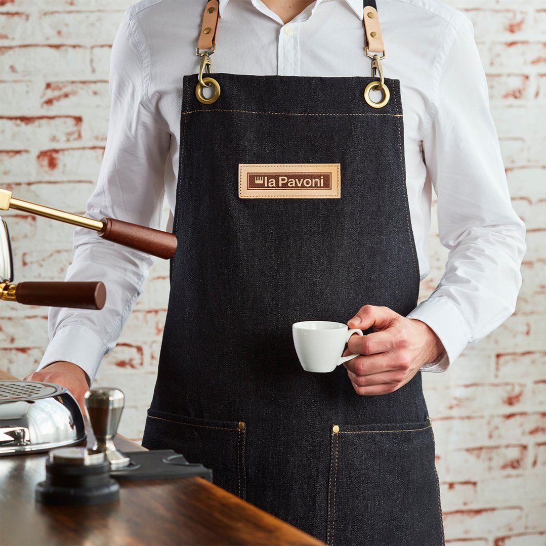 La Pavoni Black denim apron with leather embossed logo LPAPRON ...