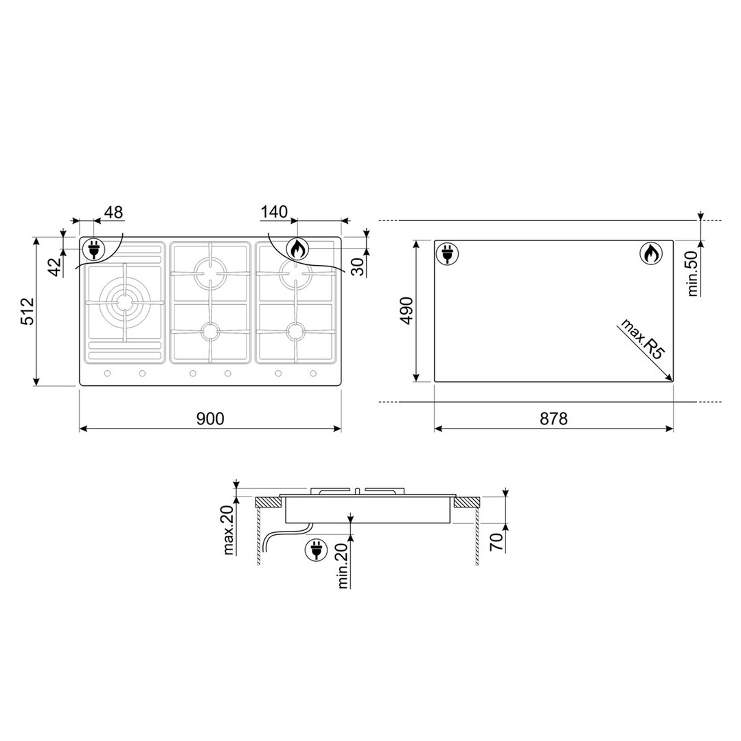 Smeg Classic 90cm 5 Burner Gas Cooktop Ultra Low Profile PSA9062 ...